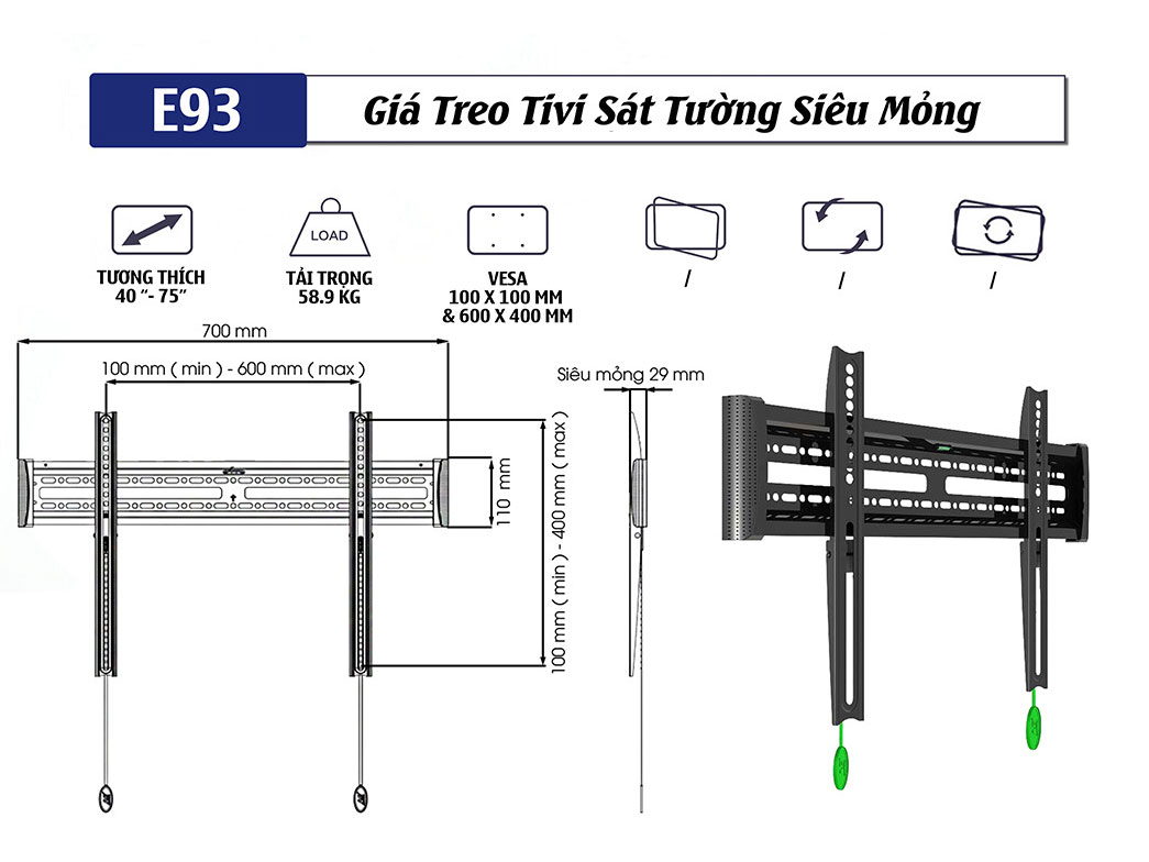 Khung treo tivi ERGOTEK E93 treo sát tường, siêu mỏng (40 inch - 75 inch) - META.vn