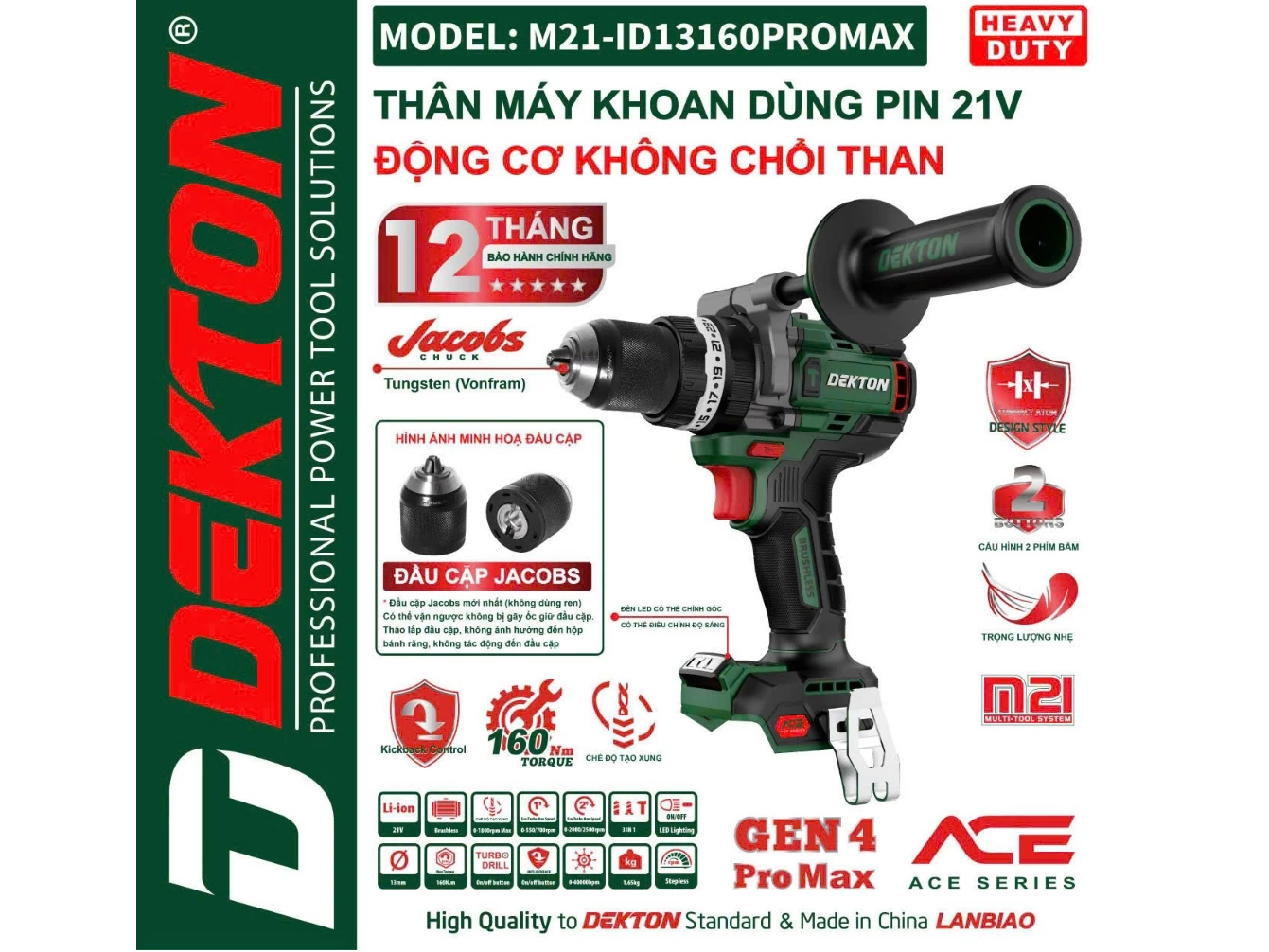 Thân máy khoan động lực dùng pin 21V Dekton M21-ID13160PROMAX (chưa pin ...